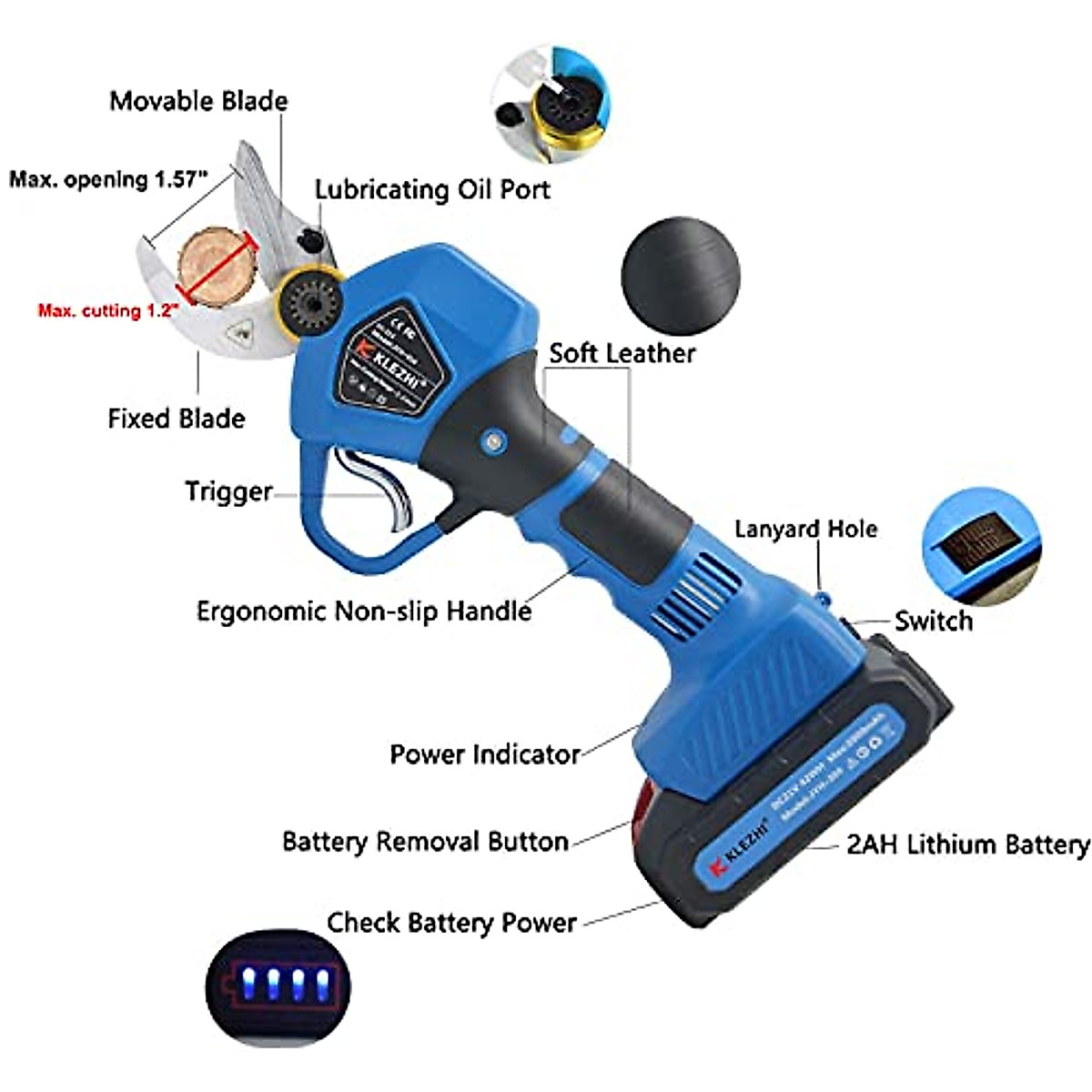 K KLEZHI Professional Cordless Electric Pruning Shears with 2 PCS Backup Rechargeable 2Ah Lithium Battery Powered Tree Branch Pruner, 30mm (1.2 Inch) Cutting Diameter, 6-8 Working Hours