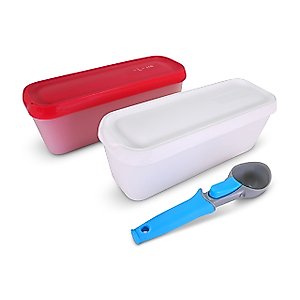 LIN Insulated Ice Cream Containers 2-Pack with Serving Scoop - 1.6 Quart Reusable Rectangle Dessert Storage Tubs for Homemade Ice Cream, 1 Red & 1 White Lid - Non-BPA Plastic - Dishwasher-Safe
