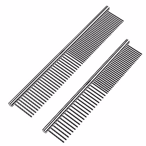 CWXZSTM Pet Steel Combs Dog Cat Comb Tool for Removing Matted Fur - Pet Dematting Comb with Rounded Teeth and Non-Slip Grip Handle - Prevents Knots and Mats for Long and Short Haired Pets,6.5IN/7.4IN