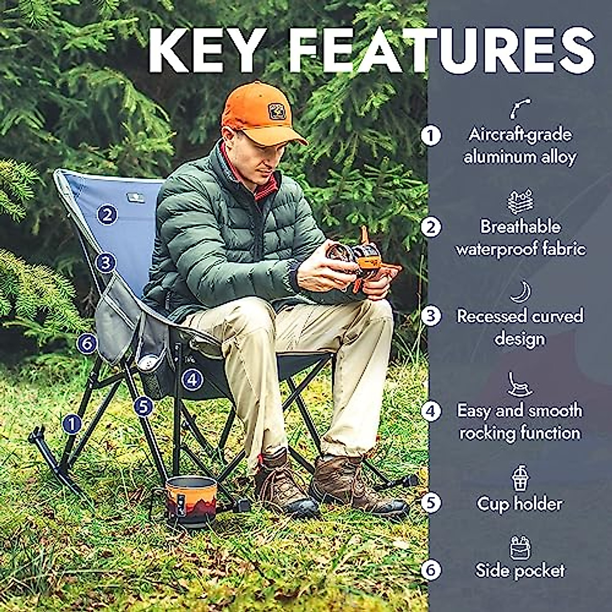 Dowinx Folding Rocking Camping Chair, Portable Outdoor Rocker for Patio, Garden, Lawn, Supports up to 300 lbs, Black