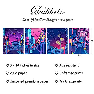 DALIHEBO Anime Posters Japanese Wall Art Set of 4 - Anime Art Tokyo Streets in the Night Sky Wall Decor Poster for Living Room Bedroom Kitchen UNFRAMED 8x10 inch