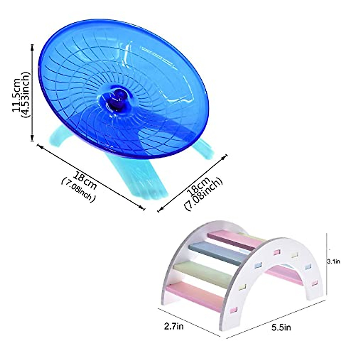 2 Pack Rat Flying Saucer Exercise Wheel & Wood Bridge Rainbow Climb - Durable ABS Plastic Running & Jogging Running Silent Spinner - for Mouse Hedgehog Chinchilla Pets Mice Hamsters Gerbil Cage Toy