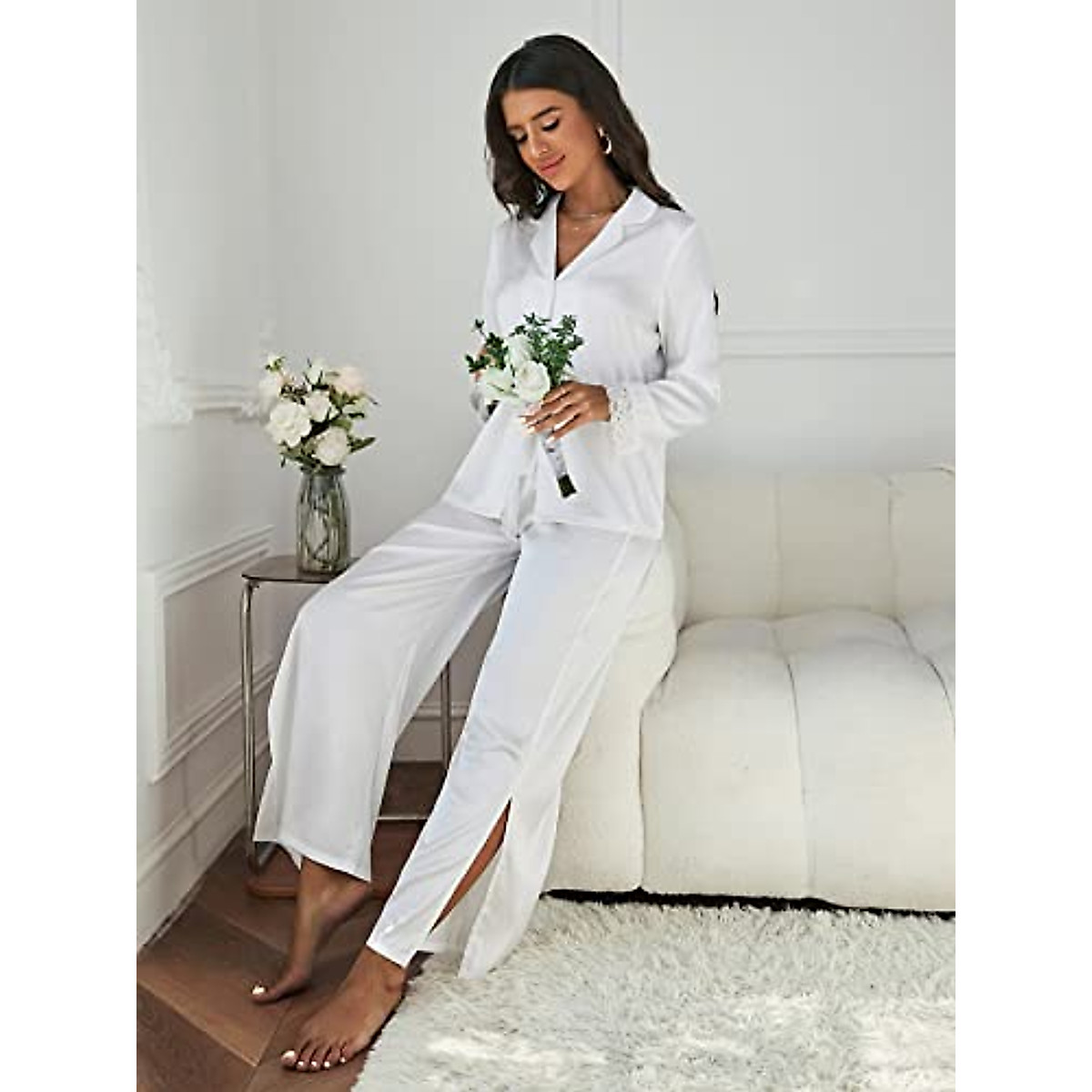 OYOANGLE Women's 2 Piece Silk Satin Pajama Set Long Sleeve Lace Button Down Shirt and Pants Sleepwear White L