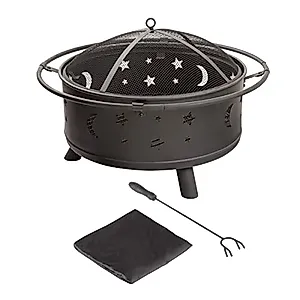 Fire Pit Set, Wood Burning Pit - Includes Screen, Cover and Log Poker- Great for Outdoor and Patio, 30 inch Round Star and Moon Firepit by Pure Garden