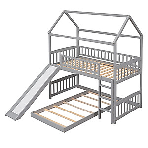 LZ LEISURE ZONE Bunk Bed with Slide, Wood Twin Over Twin Bunk Bed Frame, Twin Size House Bunk Bed, Bedroom Furniture for Kids/Teens/Aldults, No Box Spring Needed, Gray