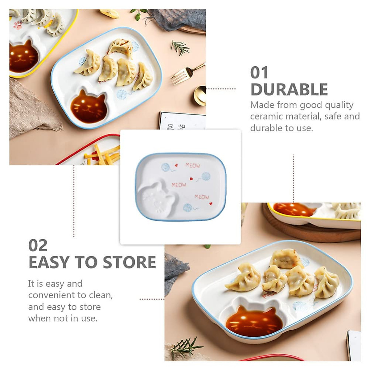 Hemoton Japanese Sushi Plates Ceramic Dumpling Plate with Sauce Dish Compartment Dip Serving Platter Snack Dessert Tray for Dim Sum Chips Salad Blue