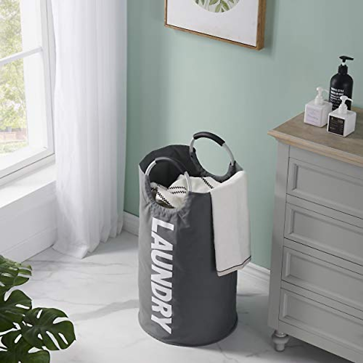 82L Large Thicken Laundry Basket Collapsible Fabric Laundry Hamper Foldable Heavy Duty Clothes Bag Portable Washing Bin Waterproof Cloth Hampers Storage with Durable Aluminum Handles (Dark Gray)