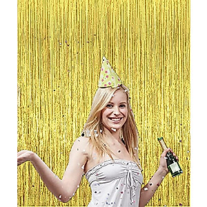 2 Pcs 3.2ft x 8.2ft Shiny Gold Metallic Tinsel Foil Fringe Curtains Photo Booth Backdrop for Birthday Wedding Holiday Celebration Bachelorette Party Decorations (Gold)