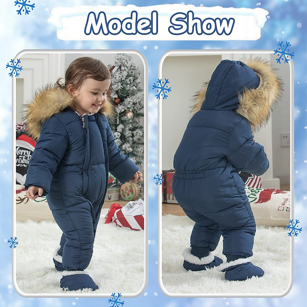Fairy Baby Infant Baby Winter Snowsuit Coat Romper Hooded Double Zipper Fur Collar Warm Jumpsuit for Boys Girls 6-9 Monthes