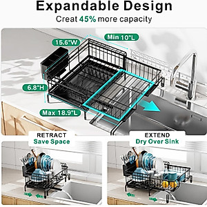 GSlife Expandable Dish Drying Rack with Drainboard - Anti-Rust 2-in-1 Sink Dish Racks for Kitchen Counter and Sink, Dish Drainer with Pan Slot and Utensil Holder for RV and Apartment, Black