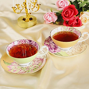 PULCHRITUDIE Fine Bone China Teacup and Saucer Set, English Teasets, Floral Design with Golden Rim, 8oz Cup, Set of Four