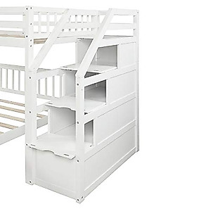 Harper & Bright Designs Twin Over Full Loft Beds, Bunk Beds Twin Over Full with Stairway and Storage, Full-Length Guardrail, No Box Spring Needed (White Twin Over Full Bun Beds)