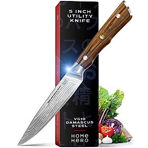 Home Hero Japanese Utility Knife Collection - VG10 Damascus Steel Triple Rivet Ultra Sharp 67 Layers Kitchen Knife with Ergonomic Rosewood Handle - Unique Gift for Men & Women (5 Inch Utility Knife)