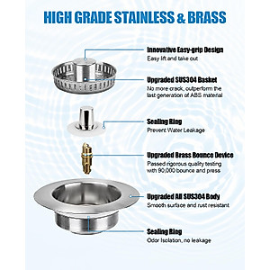Kitchen Sink Drain Strainer, 3 in 1 All Stainless Steel Sink Strainer, Pop Up Sink Stopper with Copper Bounce Core, Anti-Clog Food Catcher Basket for US Standard 3-1/2 inch Drain (1 Pack)