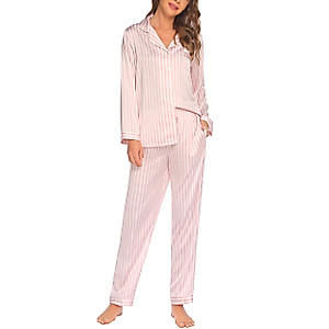 Ekouaer Silk Satin Pajamas Women's Long Sleeve Pj Set Soft Button Down 2 Piece Sleepwear Loungewear Pink Striped,M
