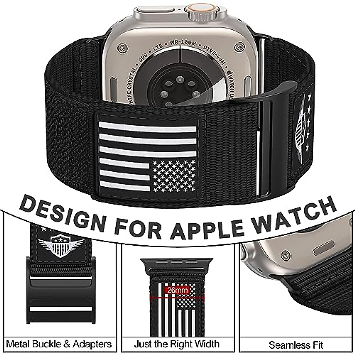 Rugged Nylon Band Compatible with Apple Watch Ultra Band 49mm 45mm 44mm 42mm,Wide Sport Loop Adjustable Wristbands Replacement Strap for Apple Watch Band iWatch Ultra Series 8/7/SE/6/5/4/3/2/1,falg