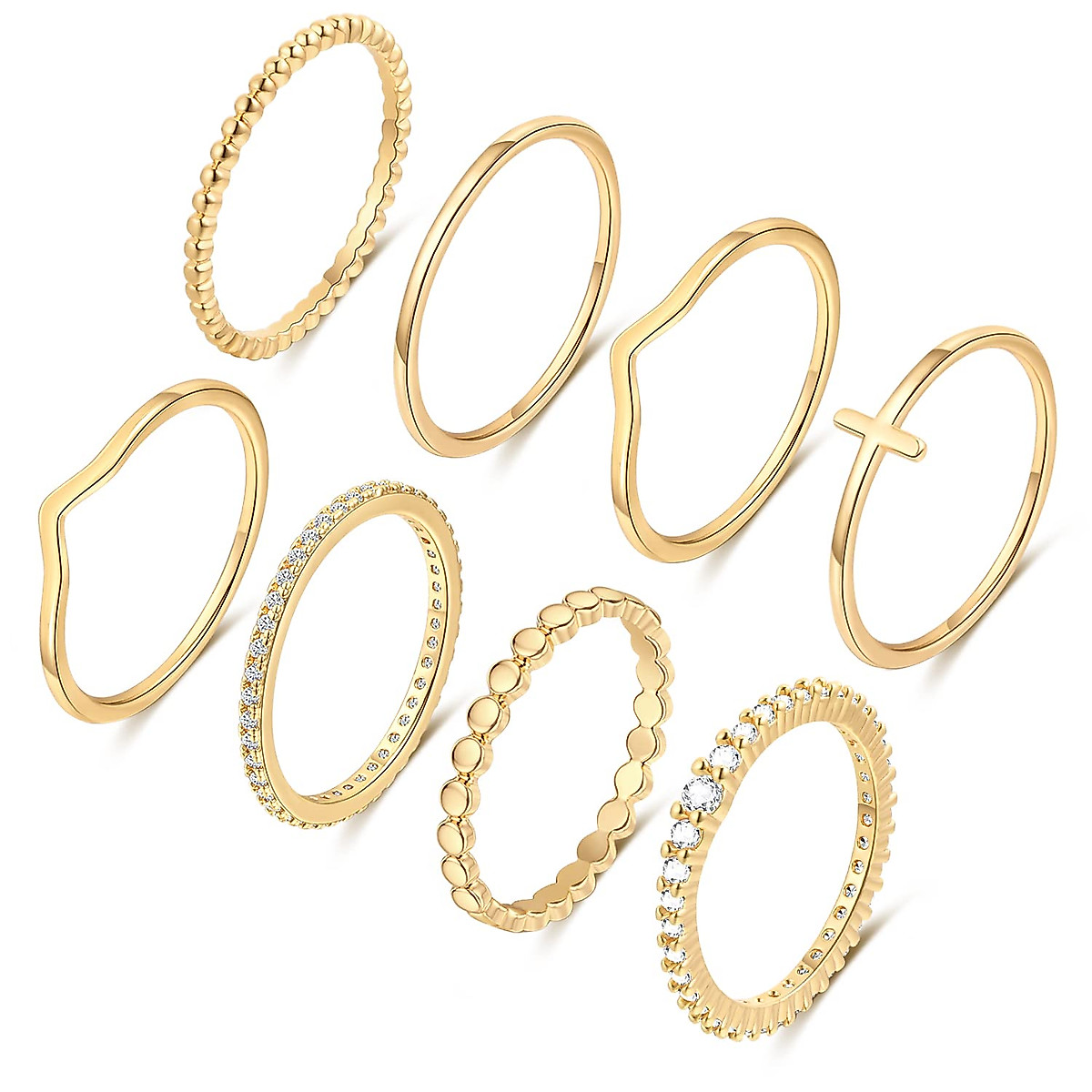 RLMOON 8PCS 14K Gold/Silver Plated Ring Set for Women Dainty CZ Simulated Diamond Ring Eternity Band Non-Tarnish Gold Stackable Ring Size 4-11 (Stacking Ring Gold, 8)