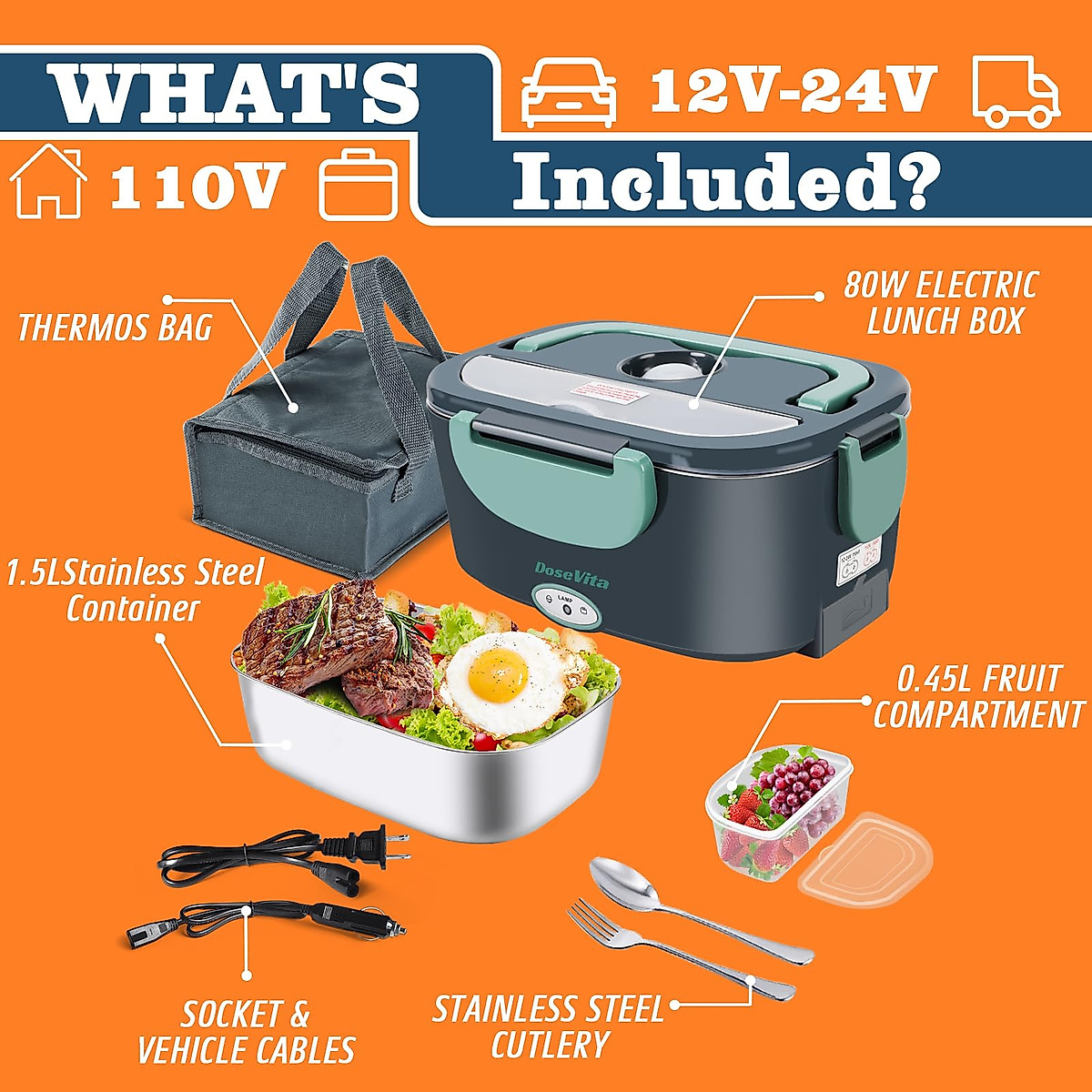 Electric Lunch Box Food Heater 80W Upgraded Leak-proof Heated Lunch Box 12V 24V 110V-230V 3 in 1 Portable Food Warmer for Car/Truck/Office with 304 Stainless Steel Container Spoon & Fork and Carry Bag