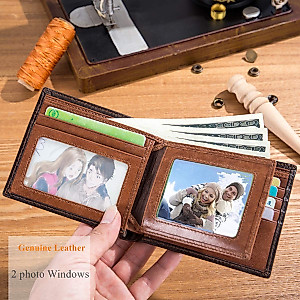 BULLCAPTAIN RFID Wallets for Men Slim Bifold Genuine Leather Front Pocket Wallet with 2 ID Windows QB-05 (Brown)