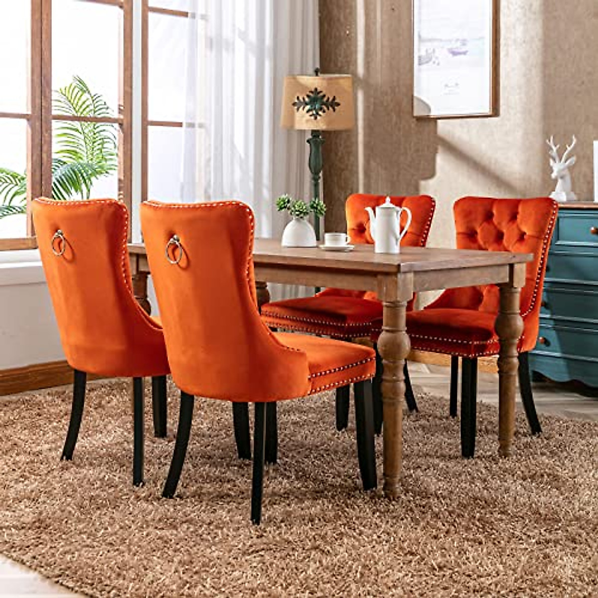 LZ LEISURE ZONE Velvet Dining Chairs Set of 2, Upholstered Accent Chairs with Button Tufted, Nailhead Trim and Back Ring Pull, Orange, Seat Height 20"