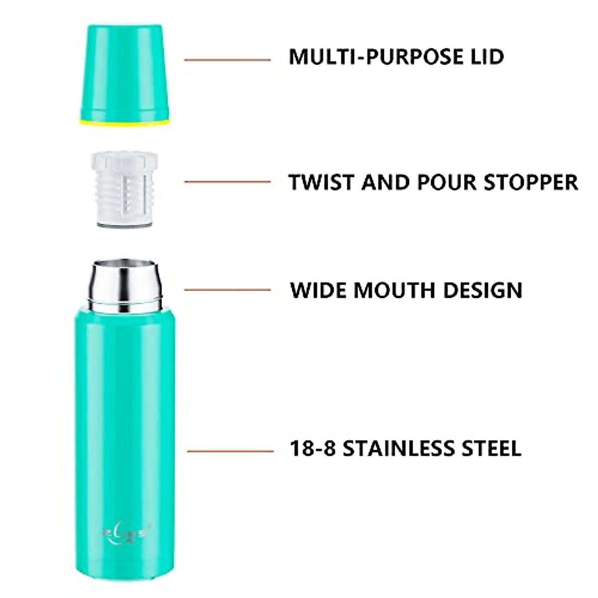 ZLINS Stainless Steel Sports Water Bottle 18oz Vacuum Insulated - Double Wall Hot Cold Thermos Wide Mouth Flask - Leak-Proof TRAVEL MUG for Coffee, Tea, Carbonated Drinks BPA Free(Green)