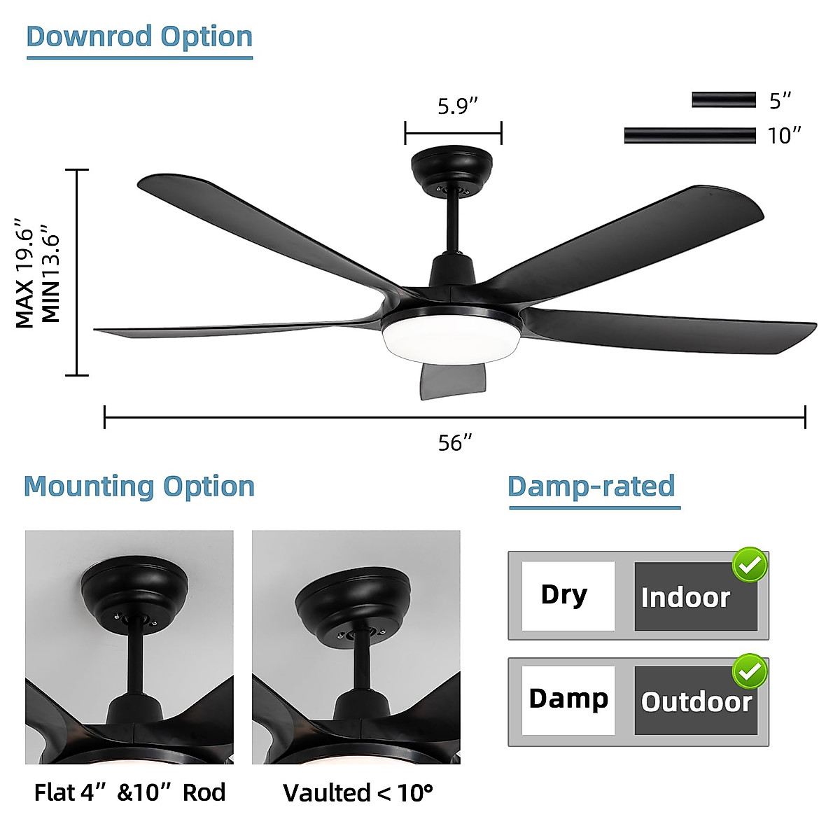 Viossn Ceiling Fan with Lights, 56 Inch Outdoor Ceiling Fan with light 5 Reversible Blades,Dimmable, Black Ceiling Fan with Remote Control for Bedroom Living Room Patio