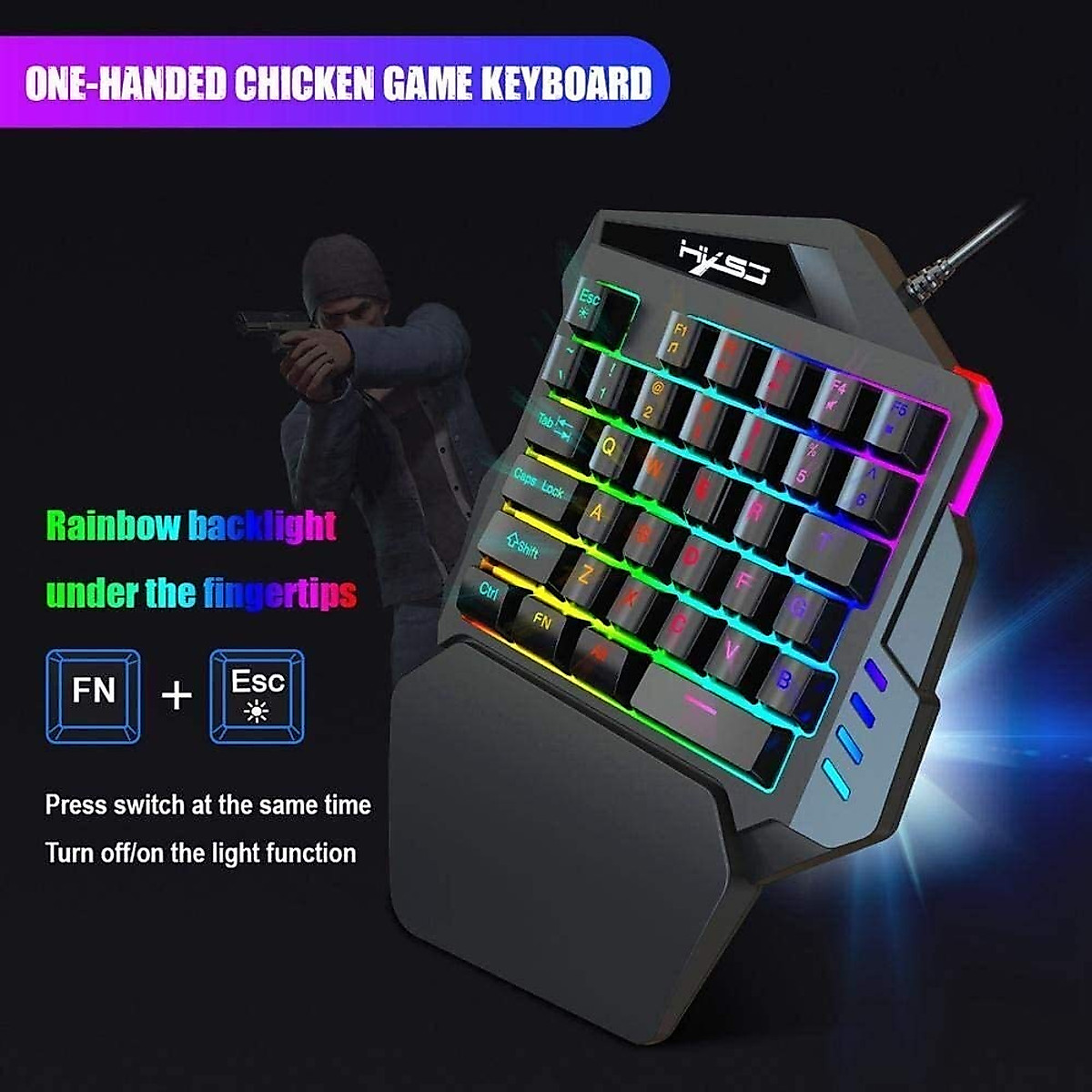Raxinbang Keyboard One-Handed Mechanical Mini Gaming Keypad Adjusted LED Backlit Ergonomic Game Controller with 1.5m Line for LOL/PUBG/Wow/Dota/OW