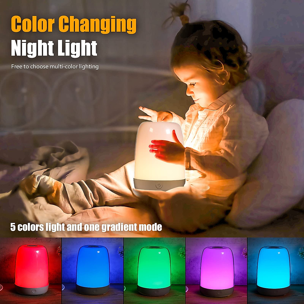 Orenic Nursery Night Light for Baby, Dimmable Warm Light & 5 Color Changing Touch Night Lamp, USB Rechargeable for Kids Room,Breastfeeding,Toddlers Bedroom
