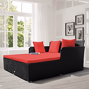Tangkula Outdoor Rattan Daybed, Sunbed Wicker Furniture w/Spacious Seat, Upholstered Cushion & High-Resilience Sponge, Wicker Patio Sofa Set w/Extra Pillows for Courtyard Poolside(Red)
