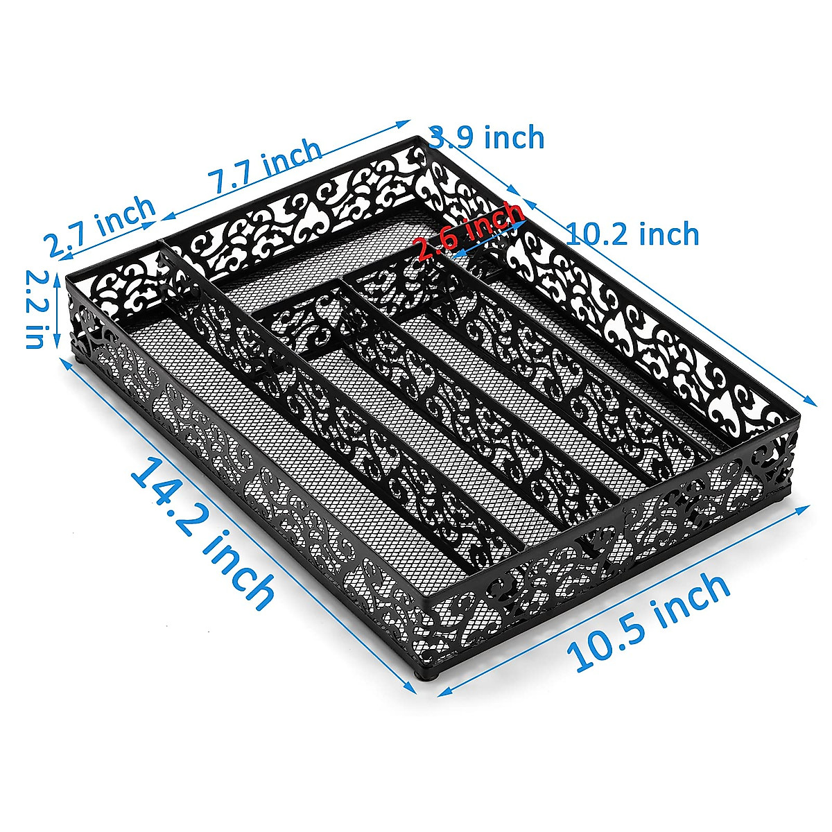 Coloch Metal Utensil Drawer Organizer with 5 Compartments , Black Flatware Storage Organizer Mesh Wire Silverware Tray with Foam Sheet for Knives, Spoons, Forks, Kitchenware