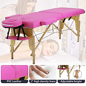 Portable Massage Table Spa Bed Folding 84 Inch Height Adjustable 2 Fold Massage Bed with Carry Case PU Leather Professional Facial Salon Tattoo Lash Bed with Face Cradle, Hold Up To 450Lbs, Pink