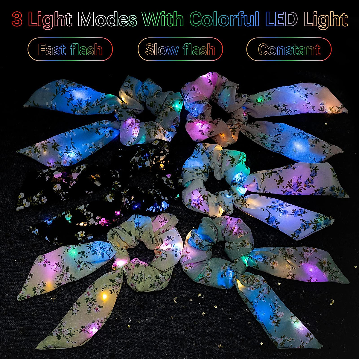 Neon Light Up Bow Scrunchies for Girls, Cute Led Hair Scrunchie Ponytail Holders Scarf Hair Ties Women Rave Accessories Glow in the Dark Party Favors Supplies Birthday Halloween Christmas 6 Pack