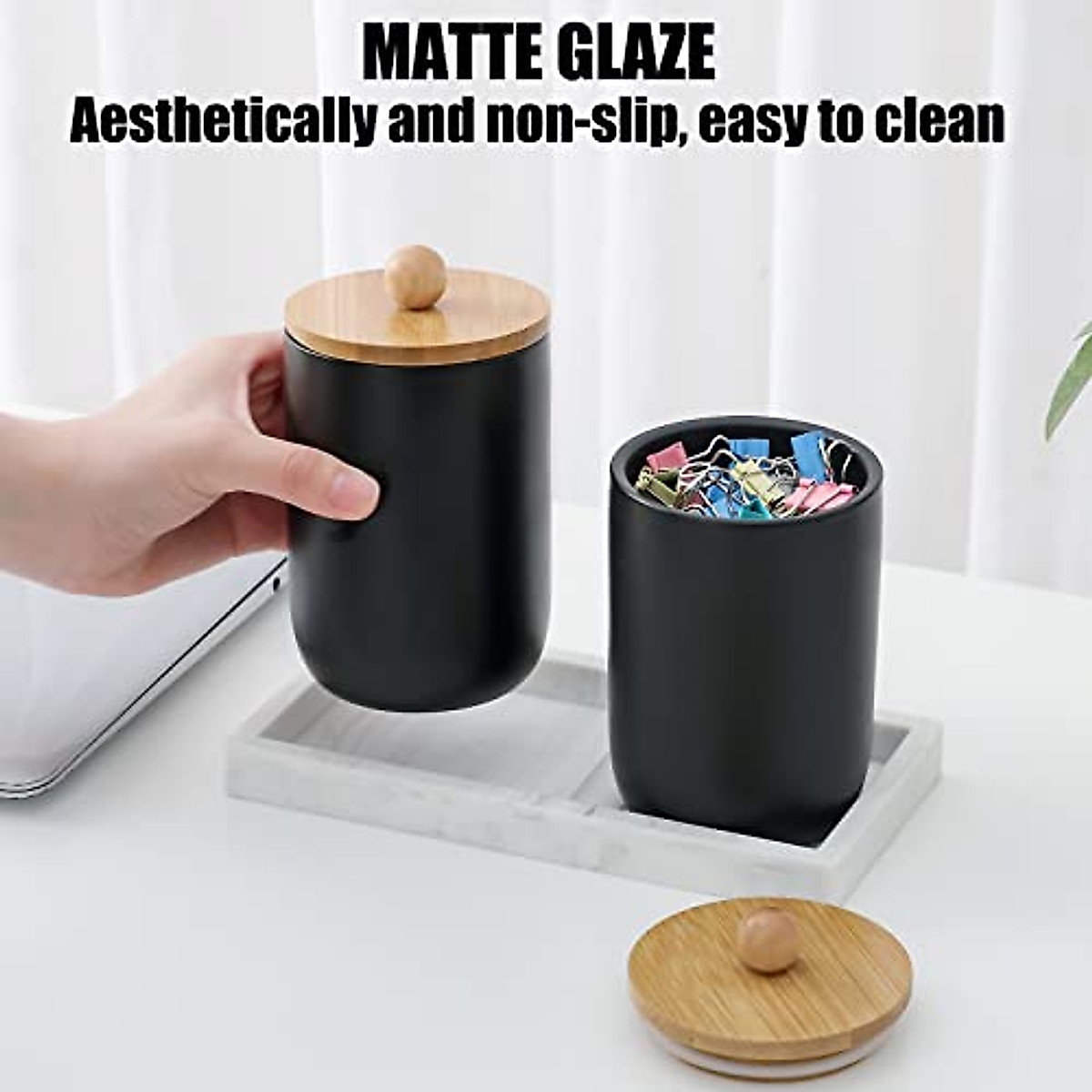 JiatuA Qtip Holder Dispenser with Bamboo Lids, Matte Black Ceramic Apothecary Jar Containers Cotton Ball Holder for Vanity Makeup Organizer Bathroom Canister Storage Farmhouse Decor, 2 Pack