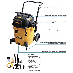 DEWALT 16 Gallon Poly Wet Dry Vacuum, 6.5 Peak HP 12 Amps Heavy Duty Vacuums, Cart Style Wet/Dry/Blower 3 in 1 Multifunction Shop Vacuum, Built-in Drain, DXV16PA