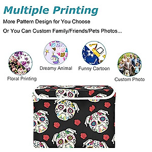 CaTaKu Pug Sugar Skull Storage Bins with Lids and Handles, Fabric Large Storage Container Cube Basket with Lid Decorative Storage Boxes for Organizing Clothes
