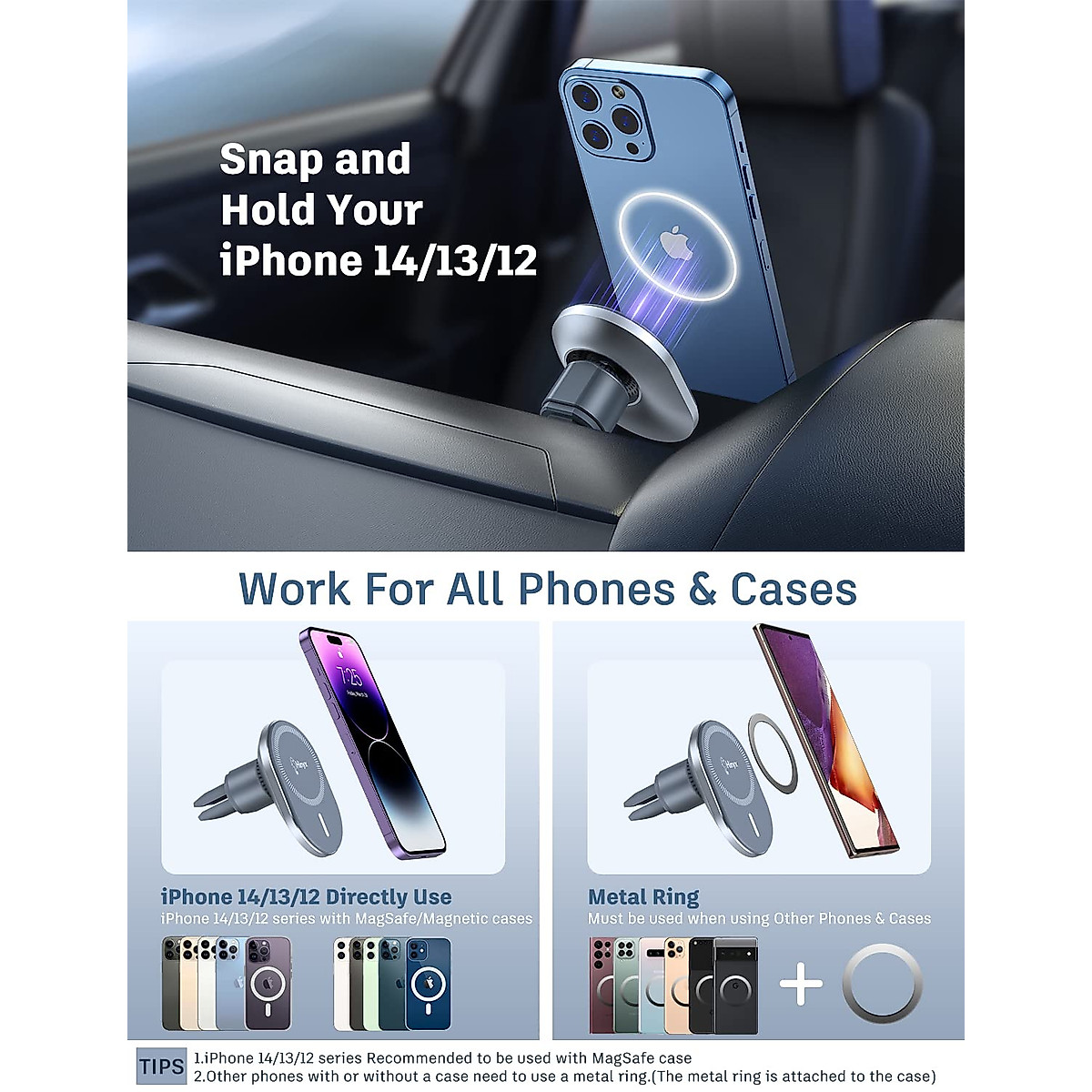 Hinyx MagSafe Car Mount-Strongest Magnet Power, Magnetic Phone Holder for Car Easily Install Air Vent Phone Mount for iPhone 15/14/13/12 Pro Max Mini Plus MagSafe Case & All Phones, with Metal Ring