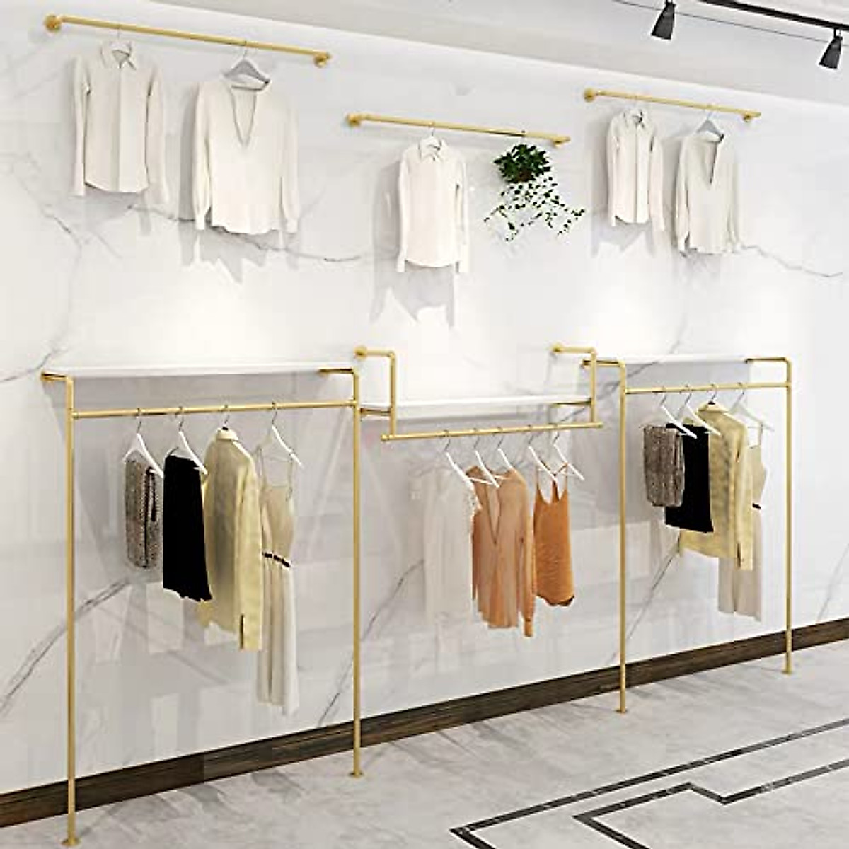 FURVOKIA Modern Simple Industrial Pipe and Wood Garment Rack,Wall Mounted Hanging Rods Clothing Rack,Retail Display Storage Clothes Hanging Shelves(Gold, 47.2" L)