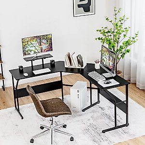 Tangkula L-Shaped Reversible Computer Desk, 2 Person Long Computer Workstation w/Movable Monitor Stand, Large Home Office Corner Desk for Working Writing Gaming (Natural)