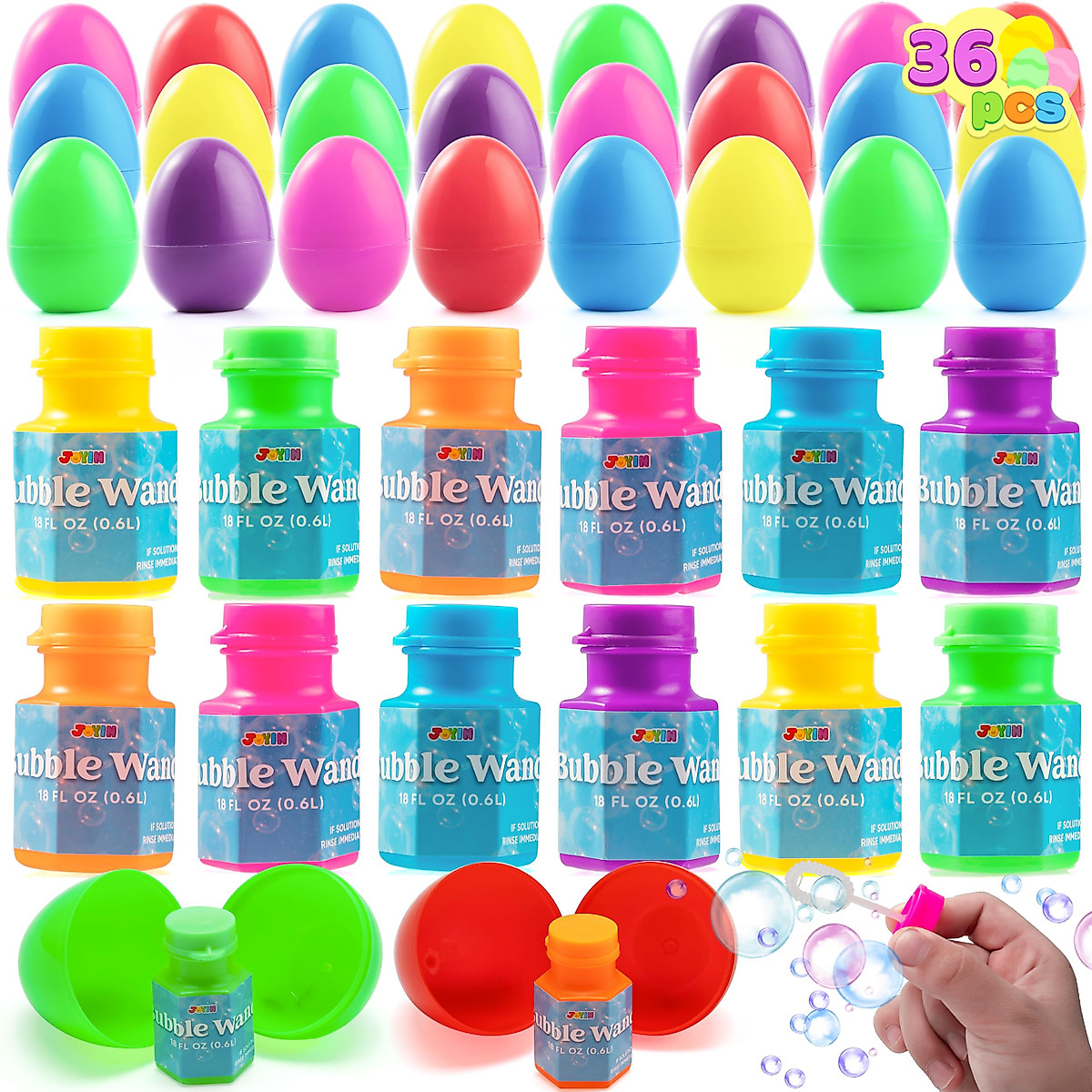 JOYIN 36 Pcs Easter Eggs Bubble Wands for Kids Prefilled Easter Eggs with Toys Inside for Basket Stuffers, Easter Children Fun, Hunt Game, Easter Décor Gifts and Party Favors