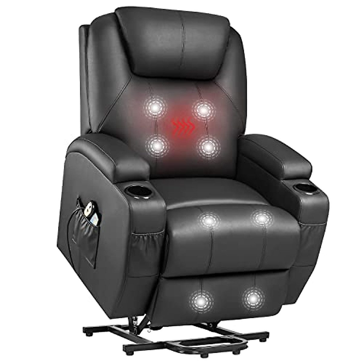 YESHOMY Power Lift Recliner Chair with Massage and Heating Functions, PU Leather Sofa with Remote Control and Two Cup Holders, Suitable for Living Room, Dark Black