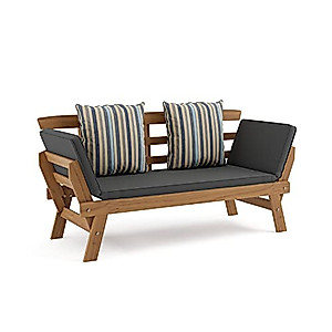 Greemotion Velden Certified Acacia Natural Finish Wood Sofa Narrow Daybed Small Loveseat Patio Sofa Bed Patio Lounge Bed Wood Couch, Outdoor Convertible Daybed Porch Loveseat with Gray Cushion