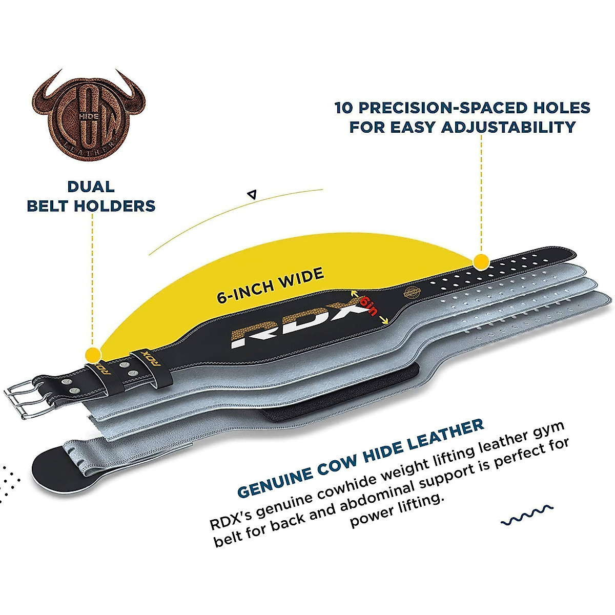 RDX Weight Lifting Belt Gym Exercise Workout, 6 inch Leather Padded Lumbar Back Support Men Women, 10 Adjustable Holes, Powerlifting Bodybuilding Deadlift, Squat Fitness Strength Training Equipment