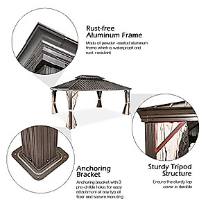12'x16' Hardtop Gazebo, Outdoor Aluminum Permanent Pavilion Gazebo with Curtains and Netting, Brown Galvanized Steel Metal Double Roof Canopy Gazebo and Aluminum Frame for Patios, Gardens, Lawns