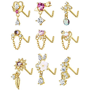 JOERICA 9 Pcs 20G Dangle Nose Rings Studs for Women Stainless Steel L Shaped Nose Studs Heart Arrow Feather Snowflake Wing CZ Dangling Nose Piercing Jewelry