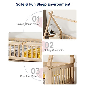 Tatub Twin Montessori Floor Bed Frame with Railings and Roof, Montessori House Bed for Kids, Wood Tent Floor Bed, Montessori Teepee Bed for Girls and Boys, Nature