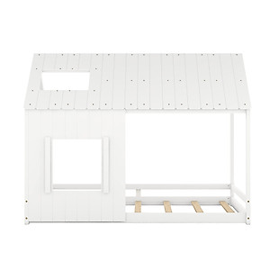Bellemave House Bed Full Size Montessori Style Floor Frame Wood Kids Cabin Beds Fun Playhouse with Roof and Window for Girls Boys Teens, White