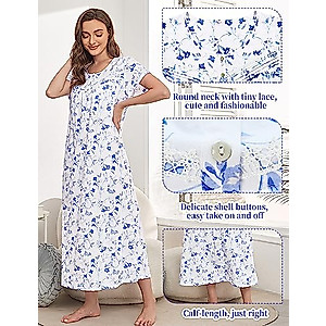 IZZY + TOBY Cotton Nightgowns for Women Soft Short Sleeve Knitted Night Gown Ladies Long Nightdress Sleepwear Blue Morning Bulls M