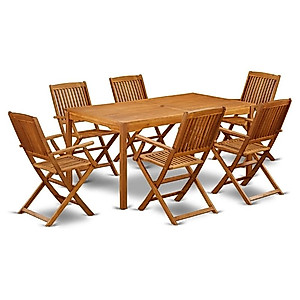 East West Furniture CMCM7CANA Cameron 7 Piece Patio Garden Set Consist of a Rectangle Outdoor Acacia Wood Dining Table and 6 Folding Arm Chairs, 36x66 Inch, Natural Oil