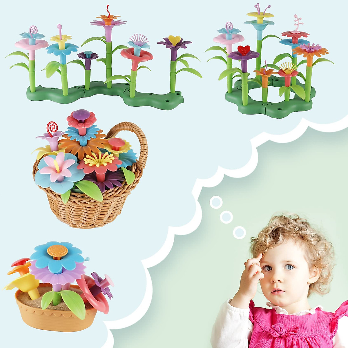 BIRANCO. Flower Garden Building Toys - Build a Bouquet Floral Arrangement Playset for Toddlers and Kids Gifts Age 3, 4, 5, 6 Year Old Girls, Educational STEM Toy (120 PCS)