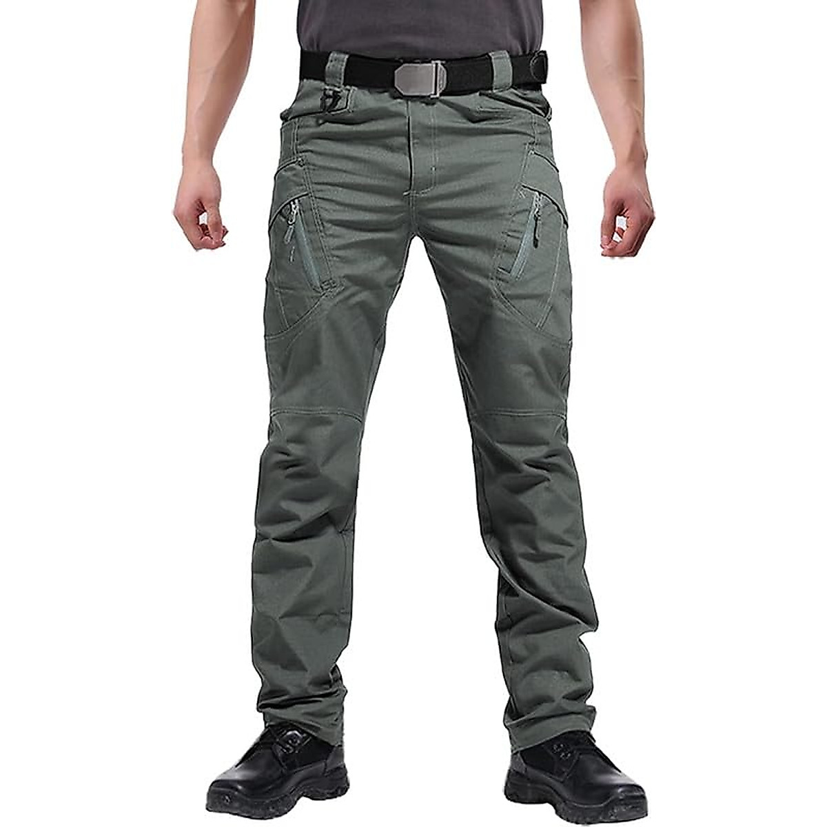 Susclude Men's Tactical Pants Stretch, 9 Pockets Rip Stop Lightweight Cargo Work Military Trousers Outdoor Hiking Plus Size Pants Gray Green 38Wx32L